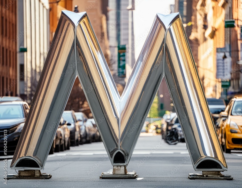 Shiny steel letter M in the street of New York City. AI generated image ...
