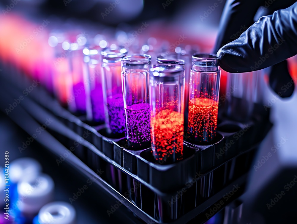 Test tubes in a rack containing fluorescent samples of microbes ...