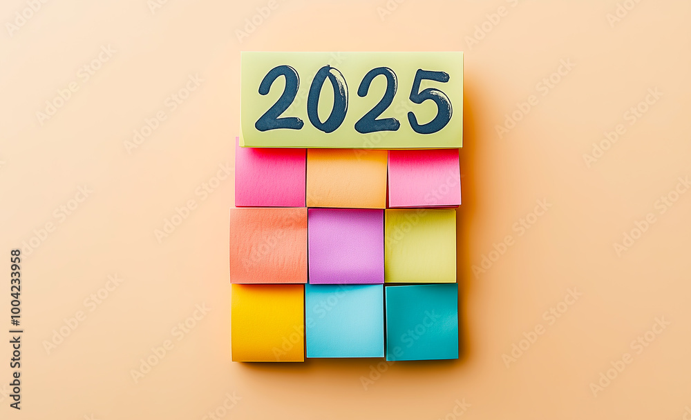 2025 calendar made of rainbow color post-it note. New Year Celebration ...