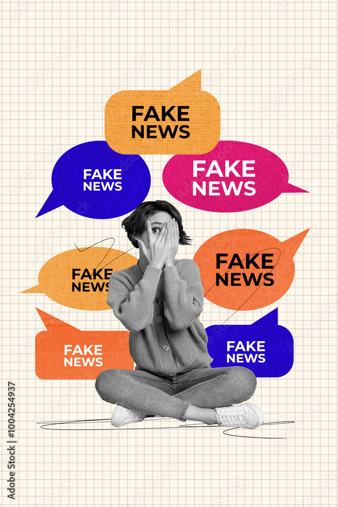 Vertical photo collage young woman fake news propaganda manipulation ...