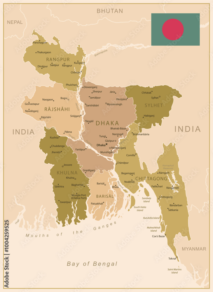 Bangladesh - detailed map of the country in brown colors, divided into ...