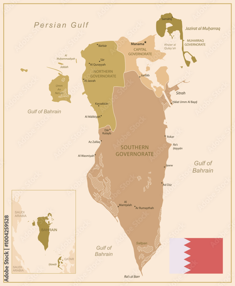 Bahrain - detailed map of the country in brown colors, divided into ...