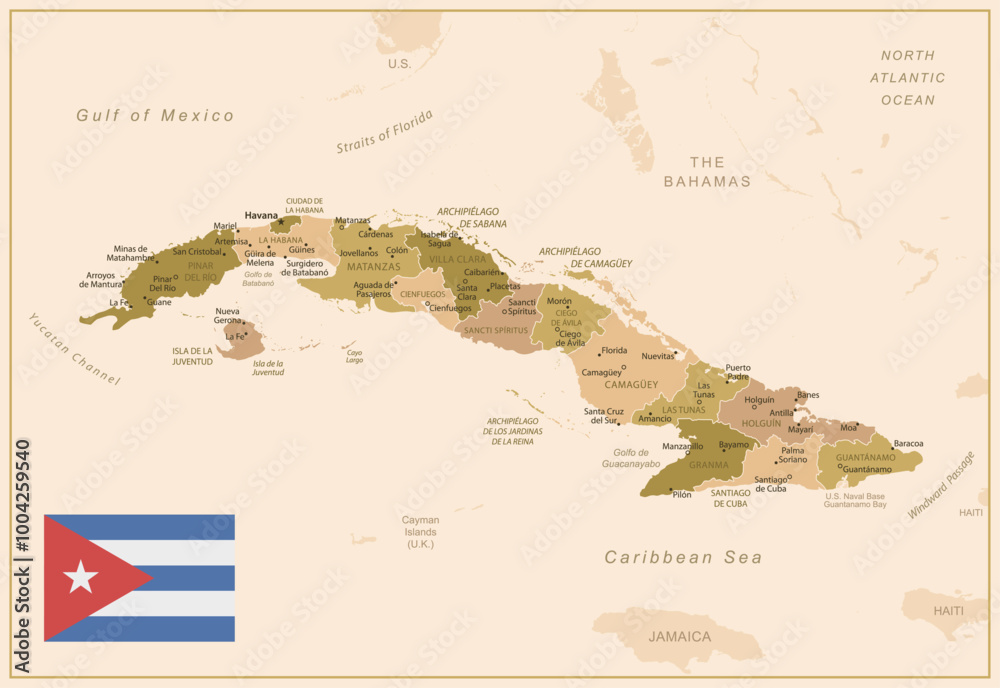Vector de Stock Cuba - detailed map of the country in brown colors ...