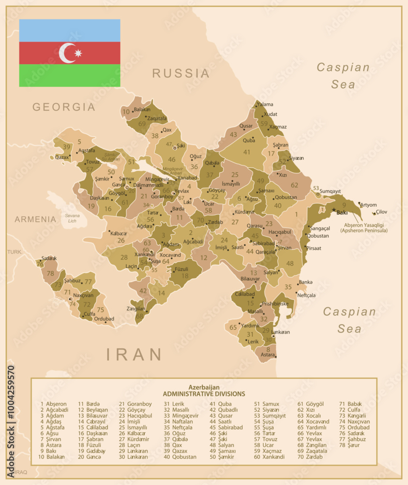 Azerbaijan - detailed map of the country in brown colors, divided into ...