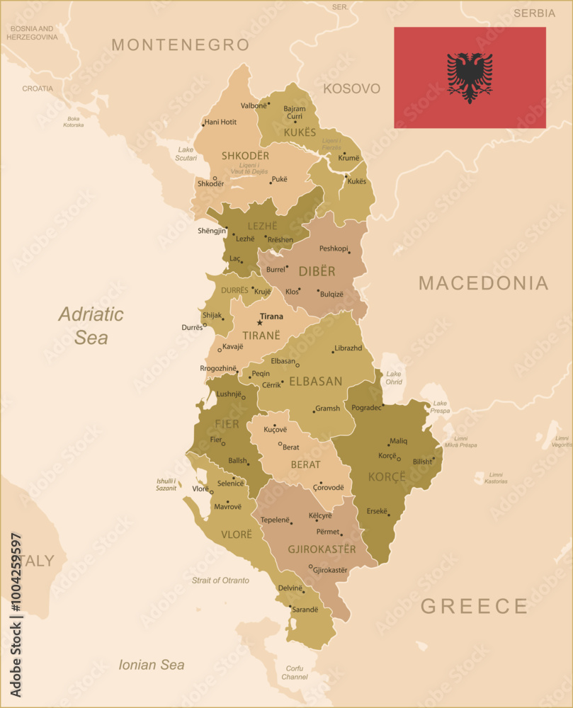 Albania - detailed map of the country in brown colors, divided into ...