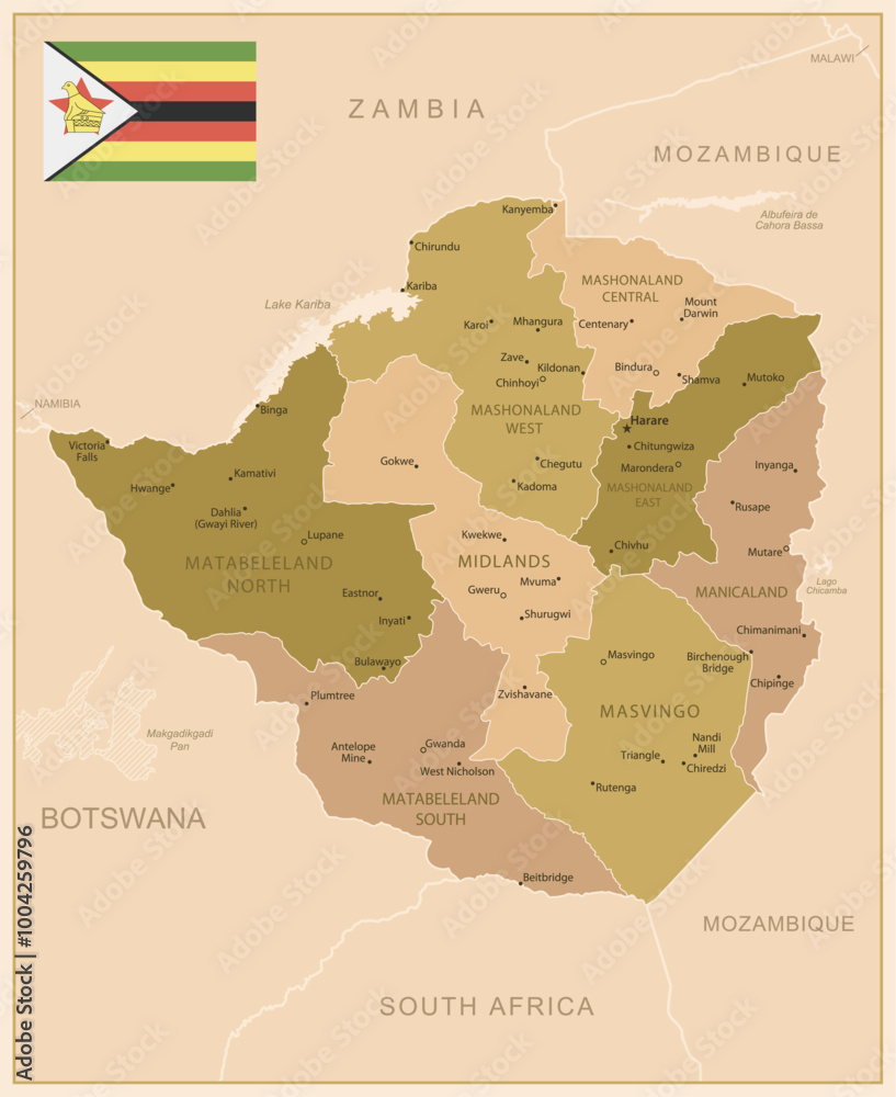 Zimbabwe - detailed map of the country in brown colors, divided into ...