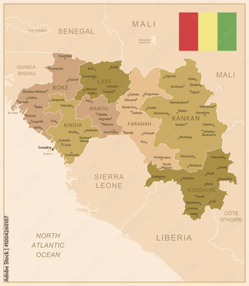 Guinea - detailed map of the country in brown colors, divided into ...