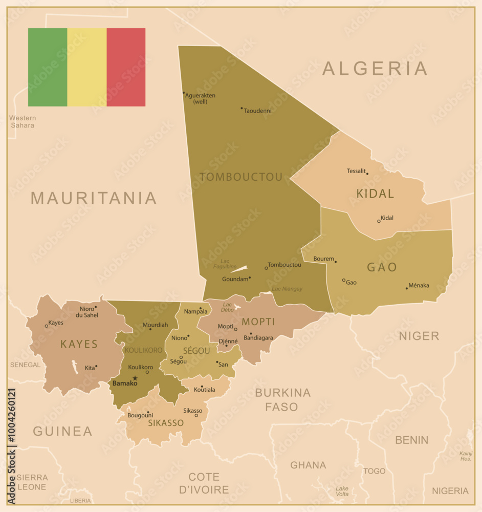 Mali - detailed map of the country in brown colors, divided into ...