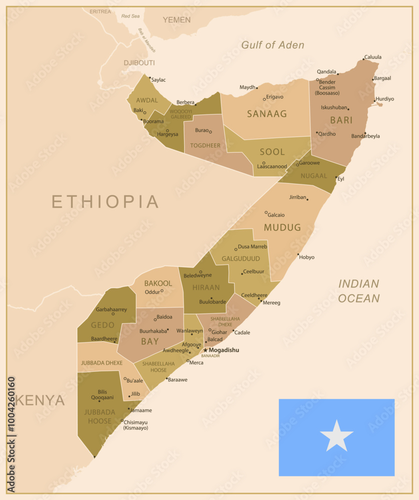 Somalia - detailed map of the country in brown colors, divided into ...