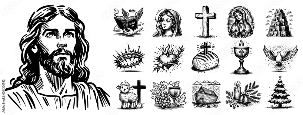 Jesus Christ and christian icon symbols vector sketch, cross ...