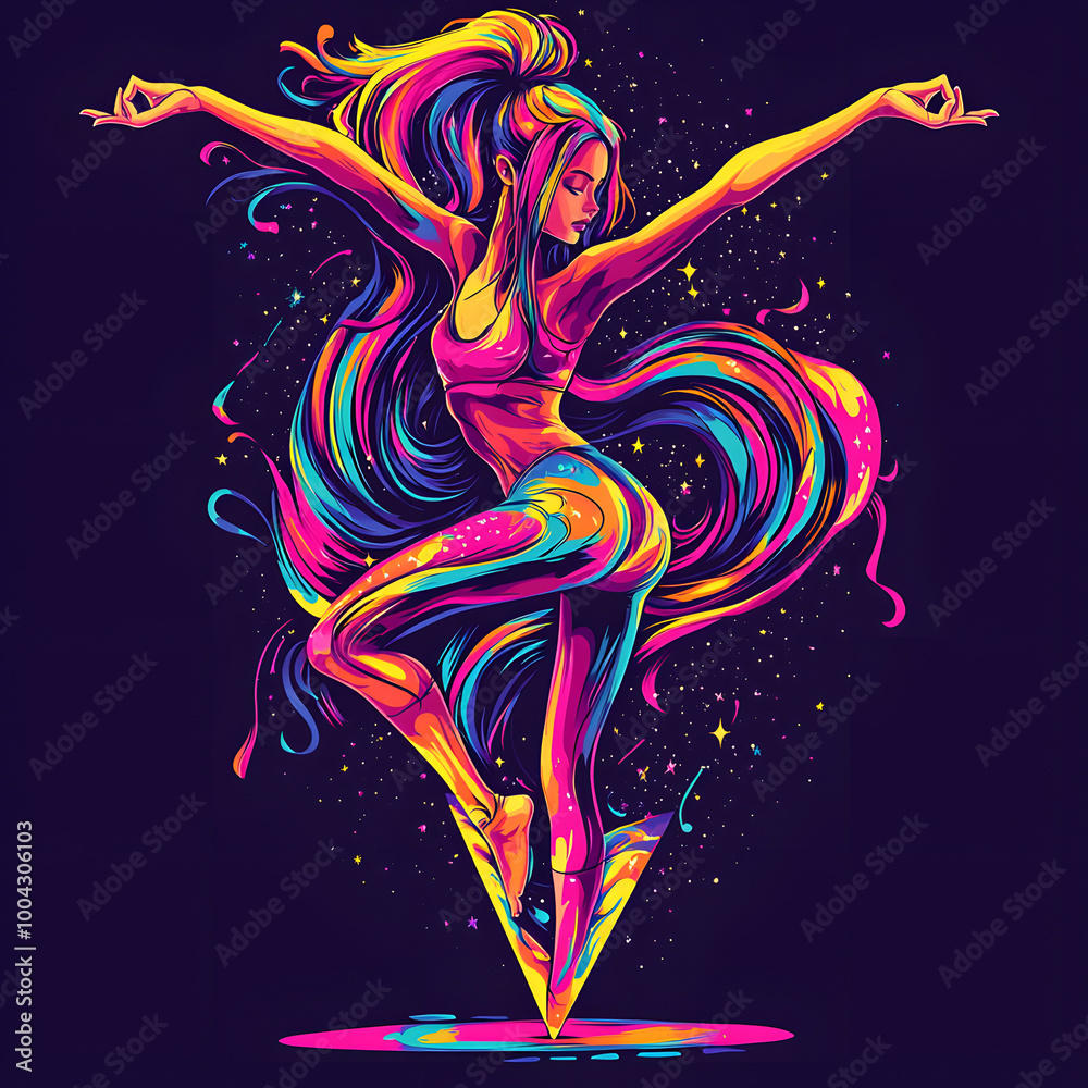 Cosmic Yoga: A character balances on one leg, arms extended, forming a ...