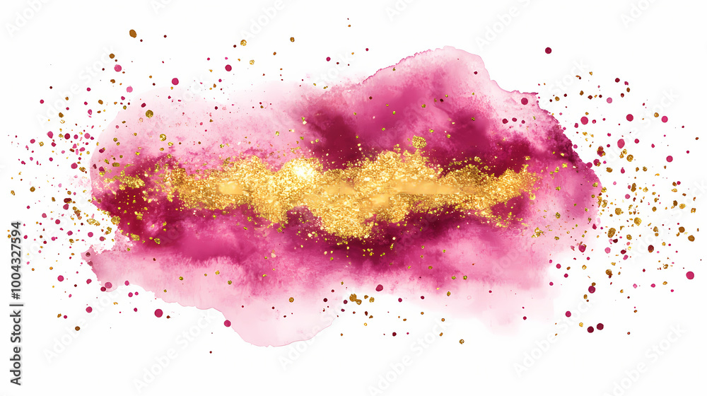 Abstract pink watercolor splash and golden glitter in vintage nostalgic ...