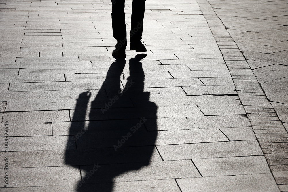 Black silhouette and shadow of lonely man walking on a street. Male ...
