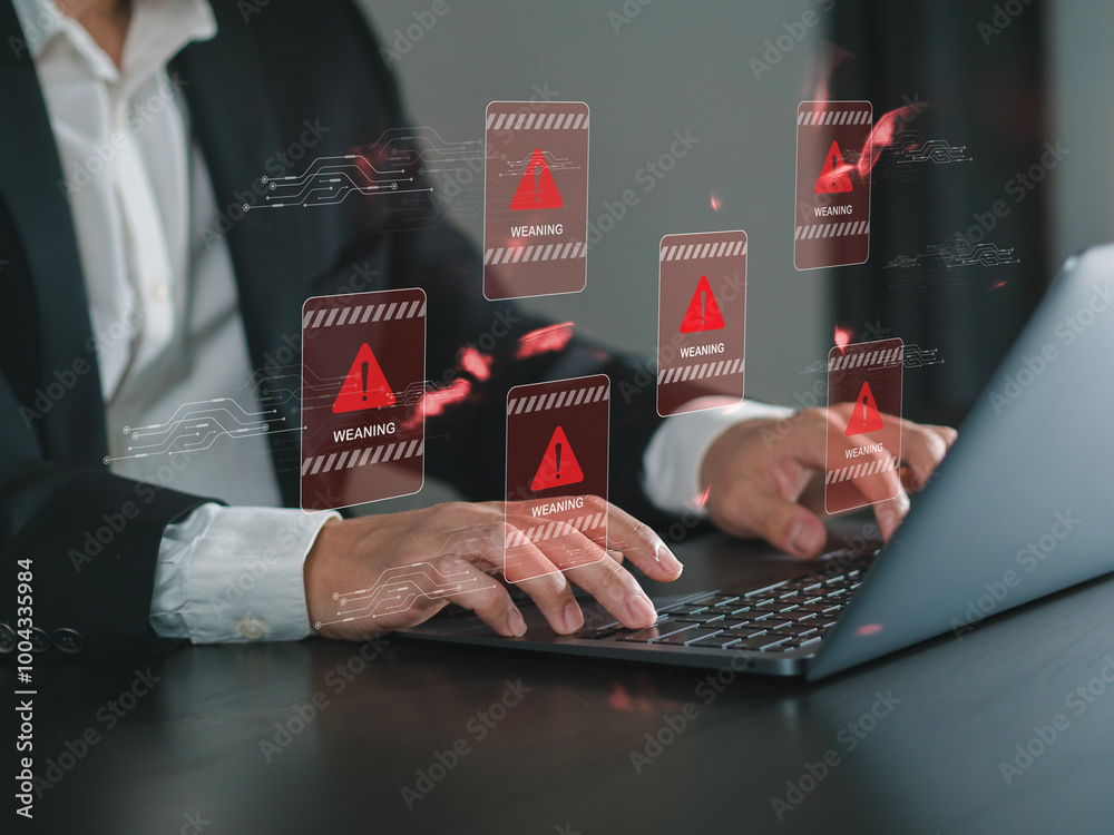 System hacked alert after cyber attack on computer network. compromised information concept ...