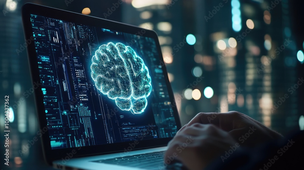 Businessmans laptop displaying an AI brain and IoT concepts ...