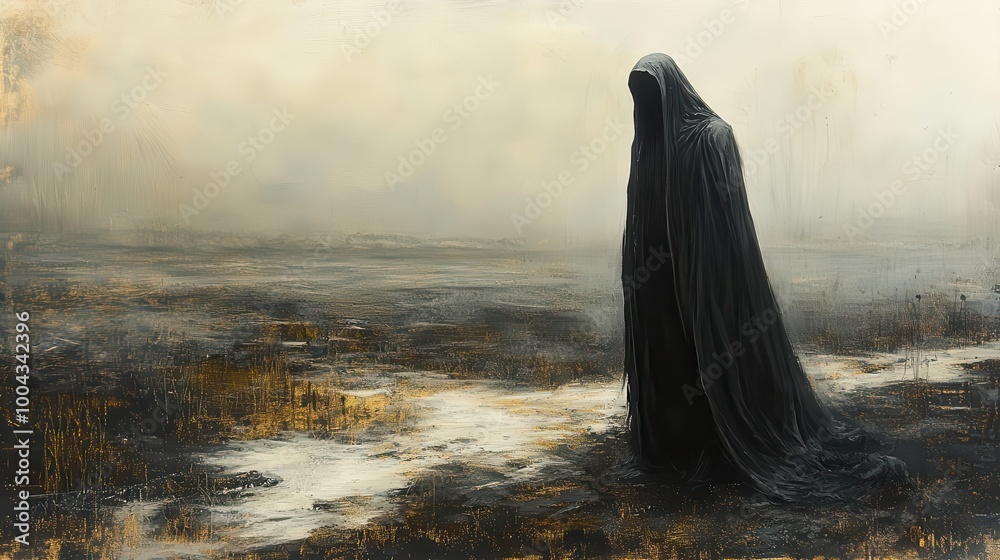 the grim reaper depicted as a spectral figure in a dark shadowy ...