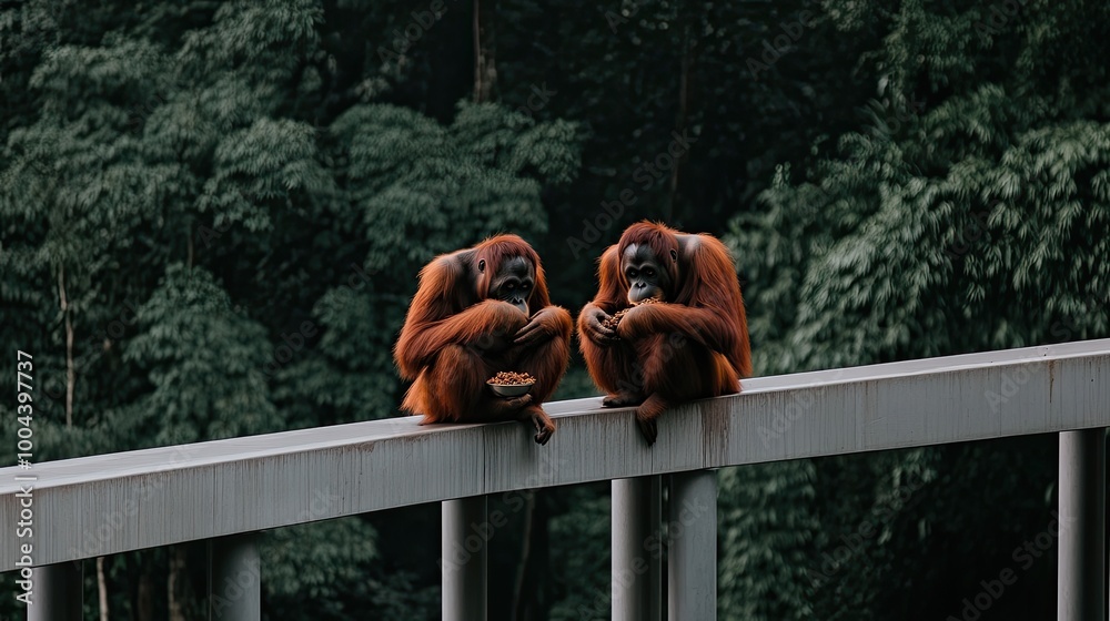 In a vibrant jungle setting, two orangutans sit on a steel platform ...