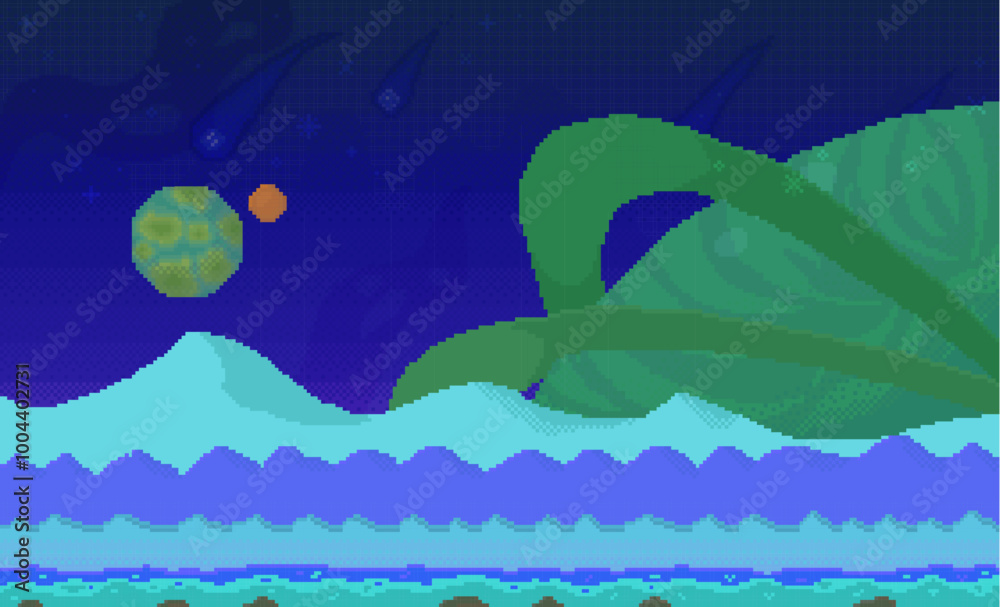 Alien landscape with blue oceans, distant planets and giant green ...