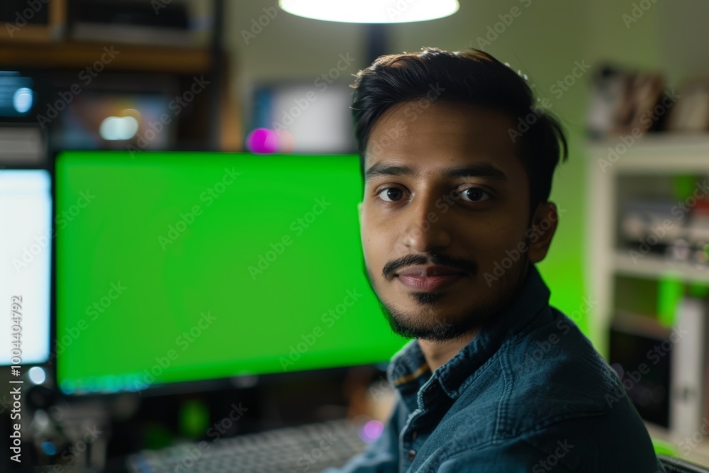 App display indian man in his 20s in front of a computer with a ...