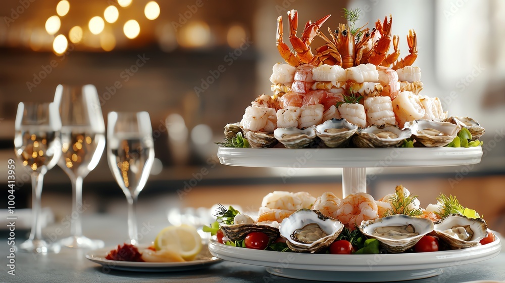 Detailed topdown view of an elegant seafood tower with shrimp, crab ...