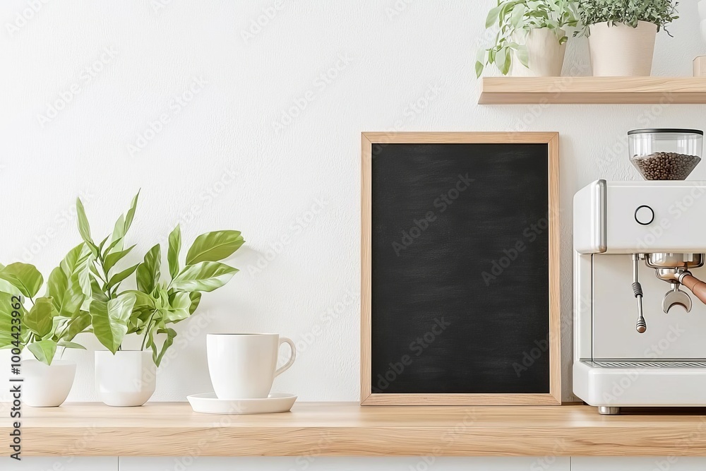 Blank chalkboard menu next to a vintage espresso machine in a quaint ...