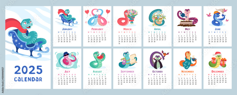 2025 calendar with cute snake vector illustrations for each month. 12 ...