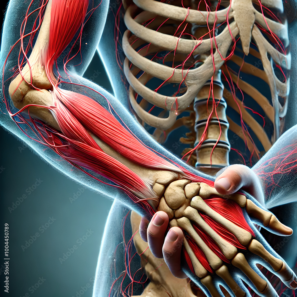 3D close-up image of a patient with tennis elbow, showing the ...