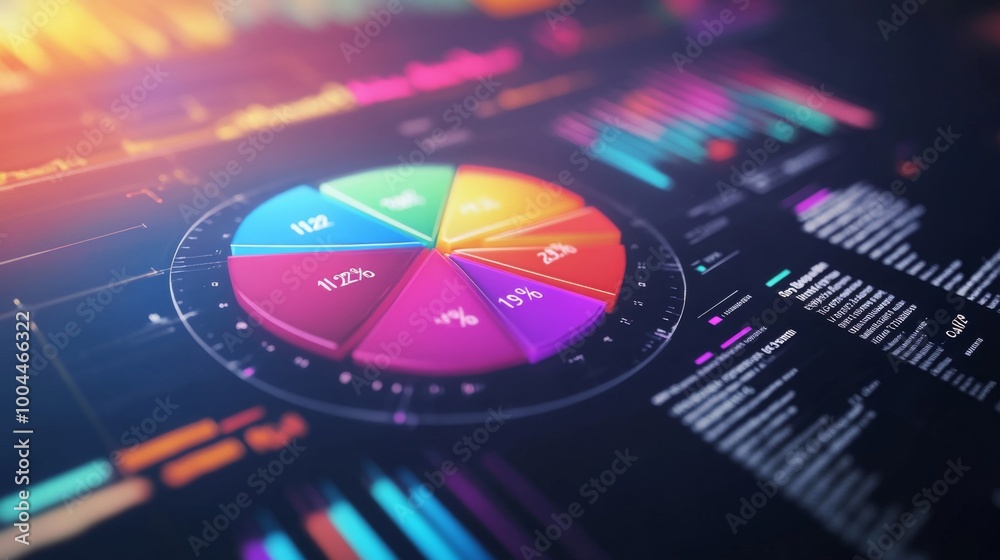 A close-up of a colorful financial pie chart on a digital dashboard ...
