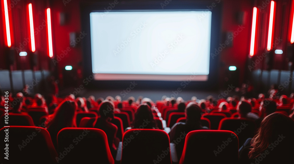 Cinema experience blank wide screen with red chairs and blurred ...