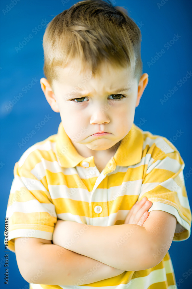A young boy, around 5 years old, crossing his arms and sticking out his ...