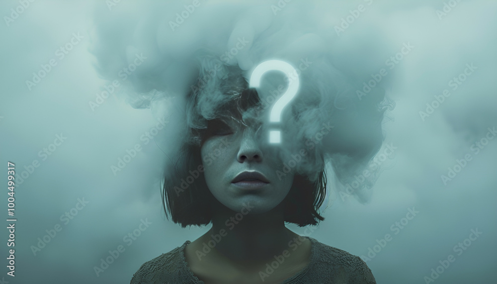 Surreal image as young woman anonymous has invisible face and question ...