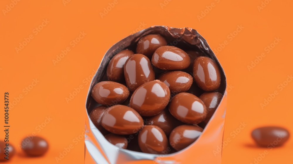 Zoomed-in view of chocolate-covered almonds jumbled inside a small ...