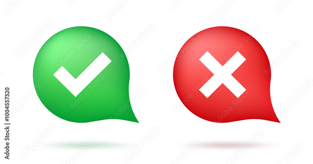 Speech bubble with cross and check mark. Survey reaction icon. 3d button and yes or no checkmark ...