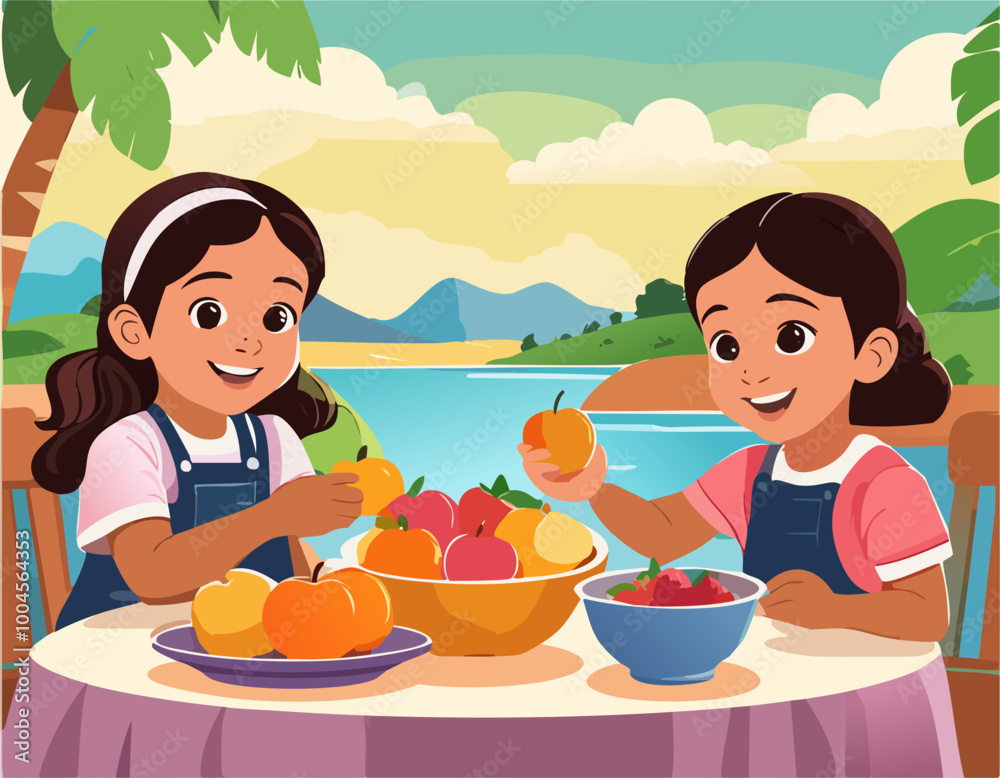 cartoon Group of little cute kids eating fruits at summer camp. Vector ...