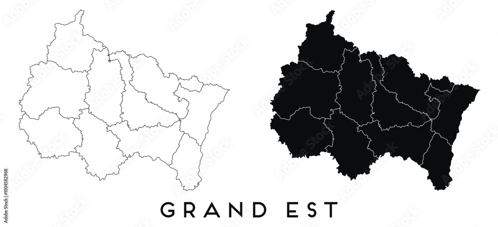 Grand Est map of regions districts vector black on white and outline ...