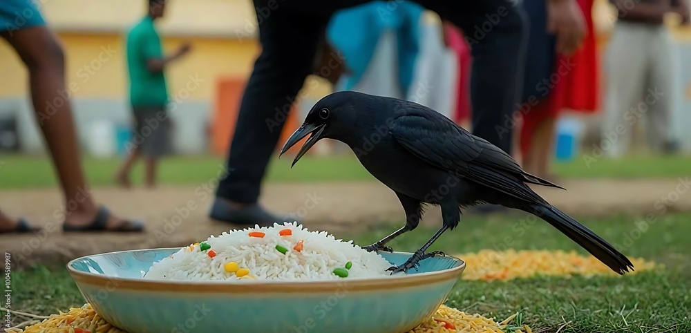 A crow eats rice offerings during the Pitru Paksha ritual, representing ...