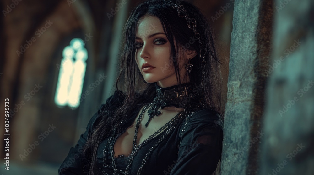 woman beautiful model in a black witch costume is shackled in chains background wallpaper AI ...