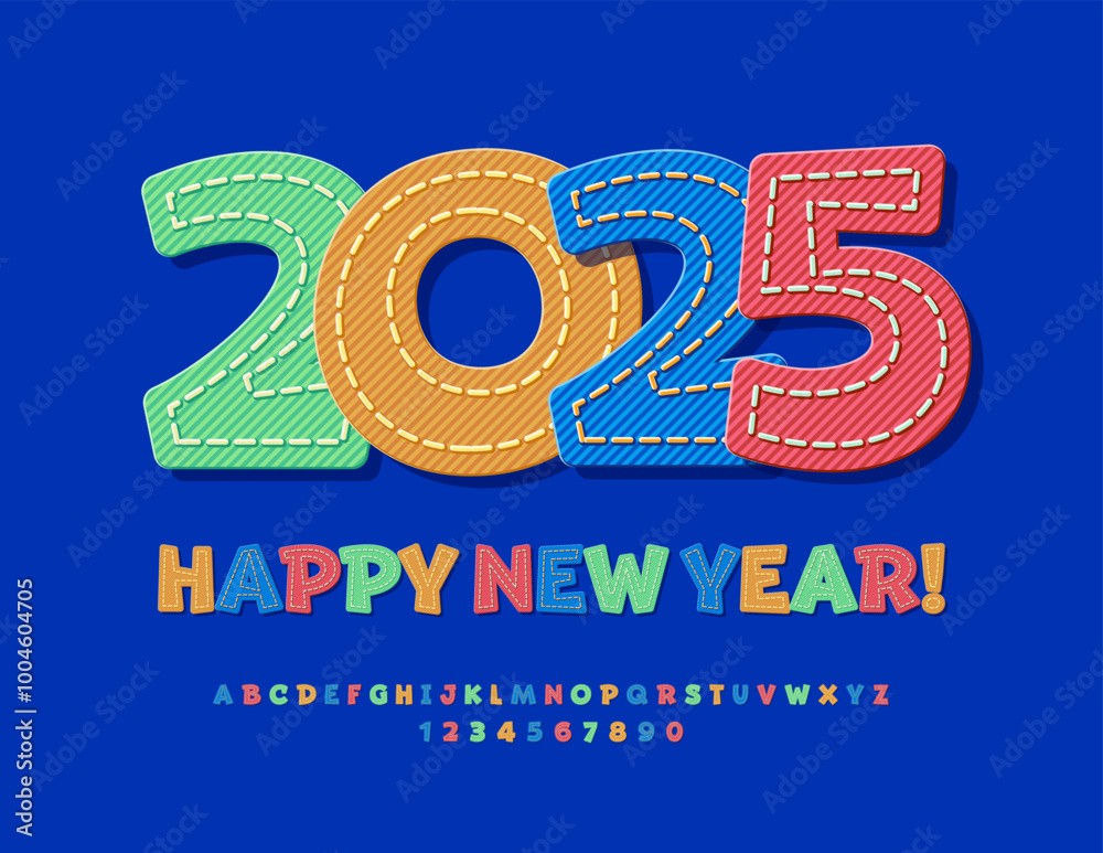 Vector denim Greeting Card Happy New Year 2025! Funny Children Font ...