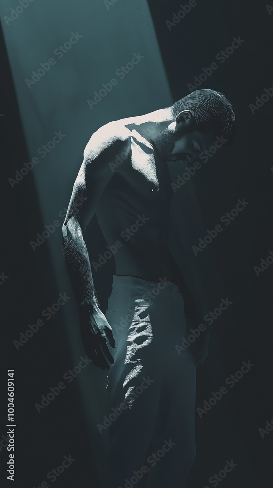 Shirtless male model posing in beam of light for fashion photoshoot ...