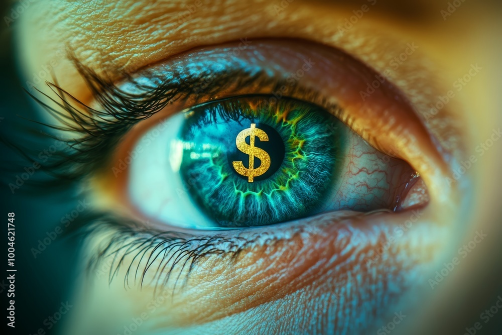 This close-up reveals a human eye featuring a dollar sign in the iris ...