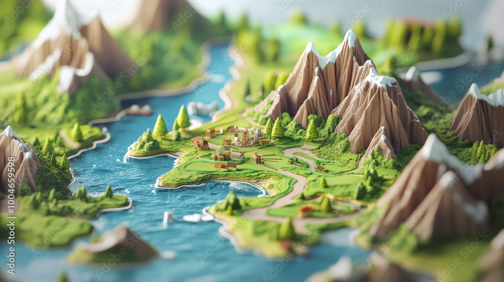 A 3D illustration of a map featuring various terrains and landscapes ...