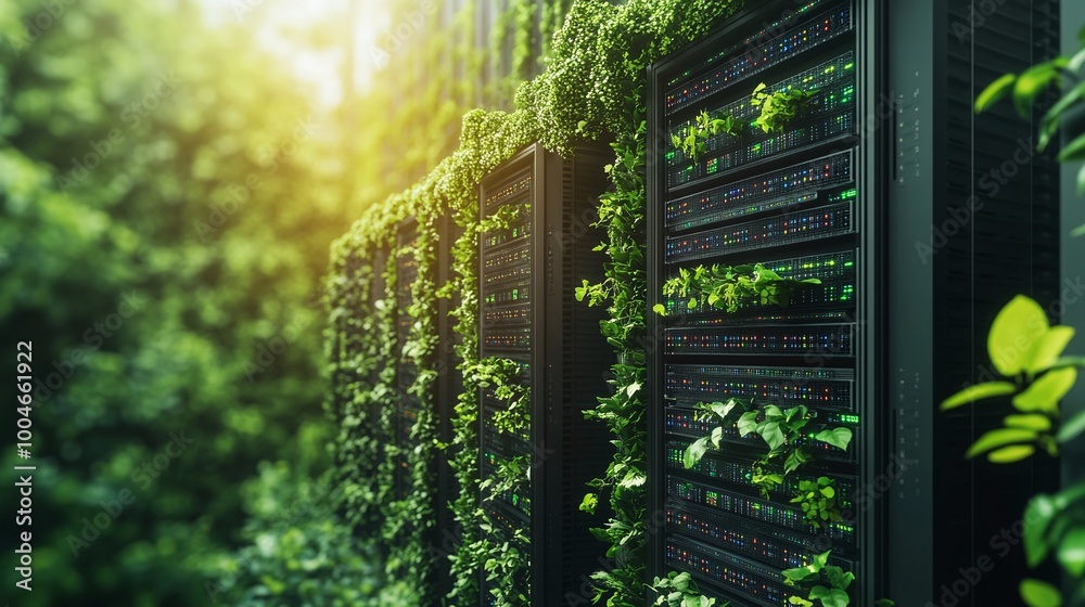eco-friendly data center with integrated greenery and sustainable servers, demonstrating energy ...