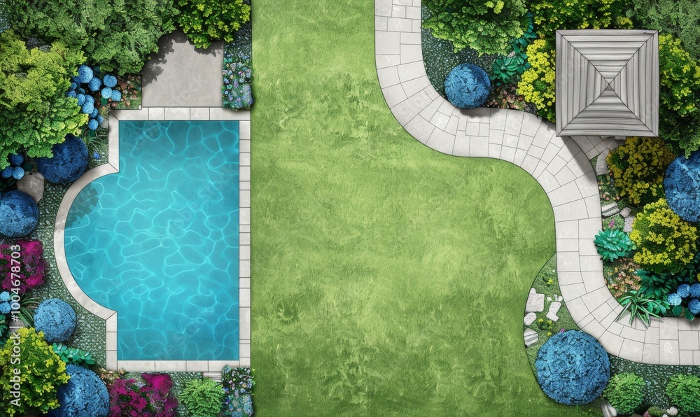 Garden design plan with a pool and gazebo, colored pencil drawing on ...