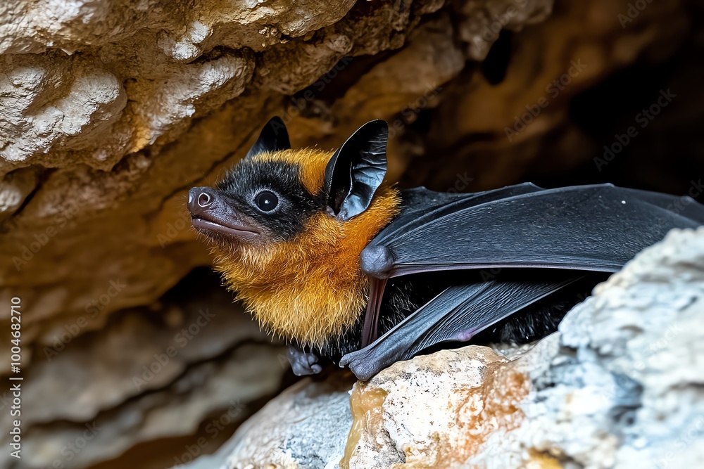 A cave habitat with bats and cave-dwelling creatures, where stalactites ...