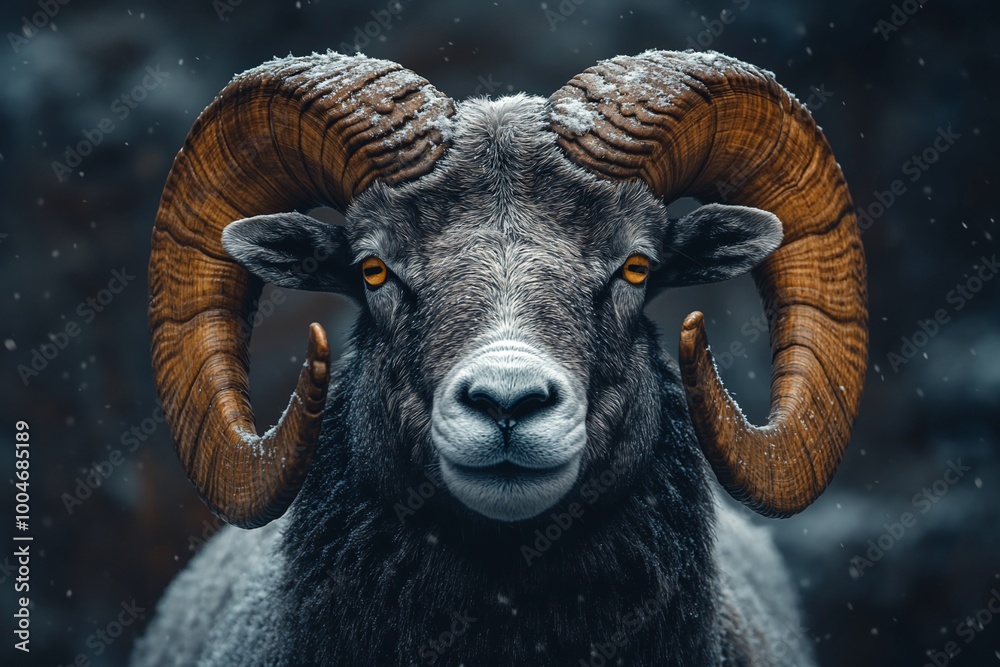 A close-up portrait of a ram with large horns, looking directly at the ...