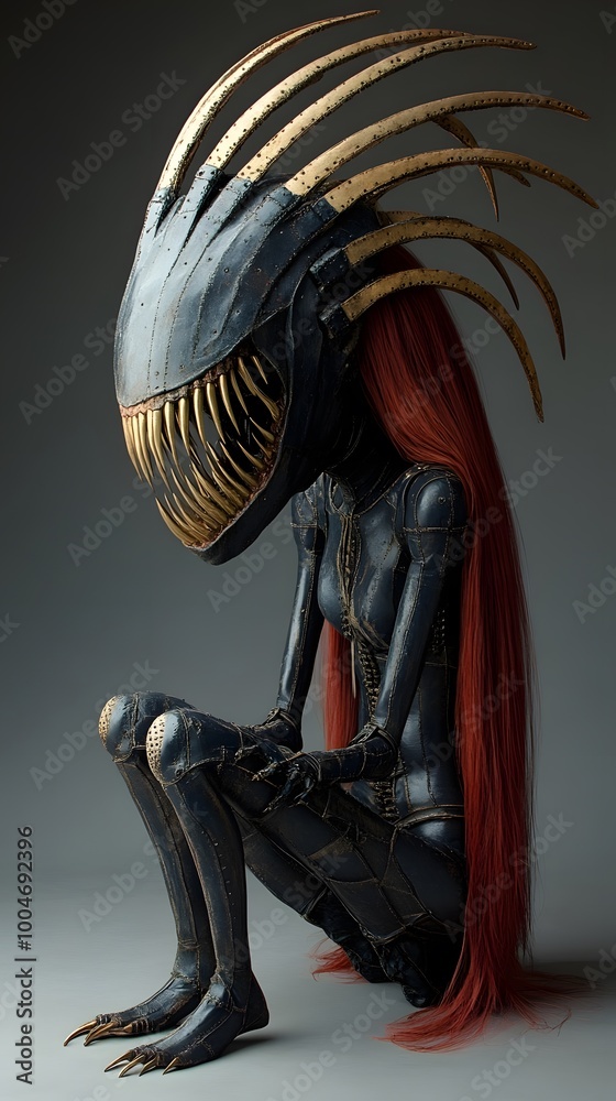 an asian girl with long red hair in a black metal suit, she looks like ...
