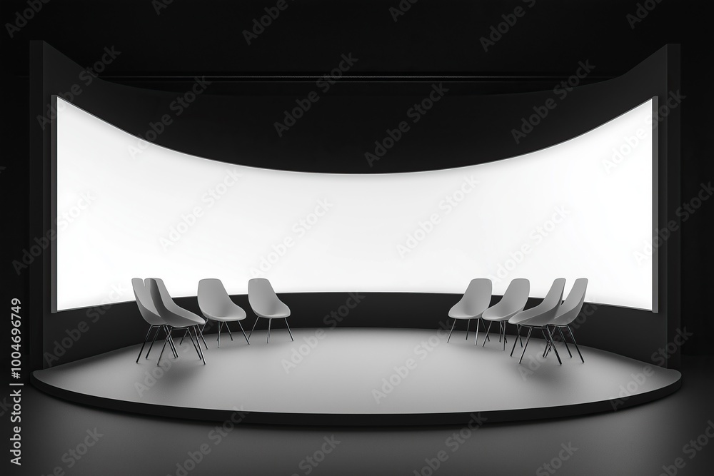 Contemporary corporate meeting room with a curved projection screen and ...
