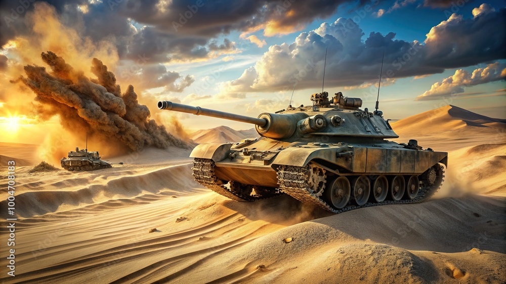 Rugged armored tank navigates through vast expanse of sandy dunes ...