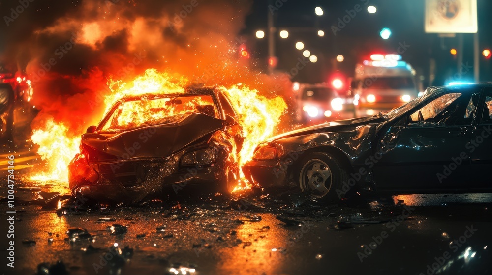 A dramatic scene depicting a fiery car crash at night, showcasing the ...