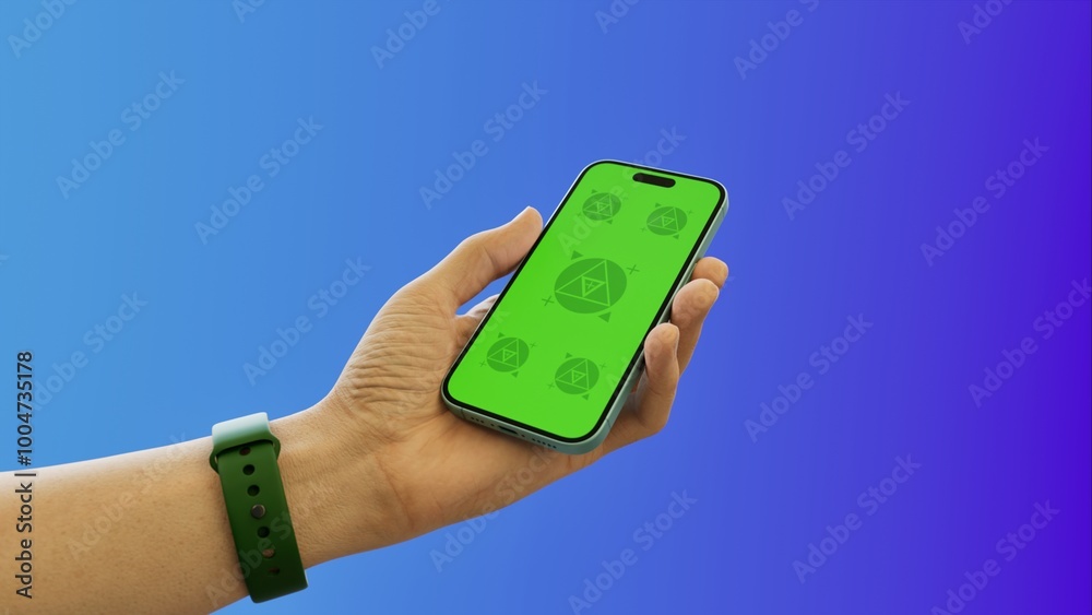 Caucasian White middle aged male using smartphone with a blank green ...